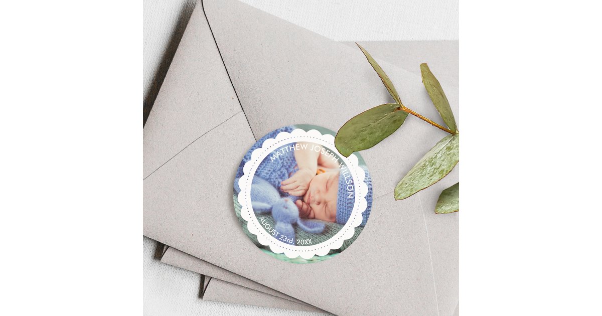 Birth Announcement Photo Personalized Classic Round Sticker | Zazzle