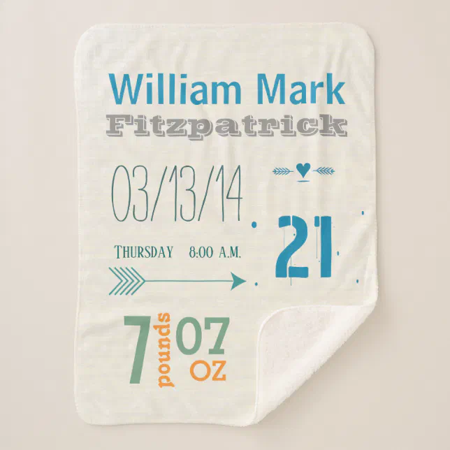 Birth Record Baby Boy Birth Stats Blue Green Coral Sherpa Blanket | Zazzle