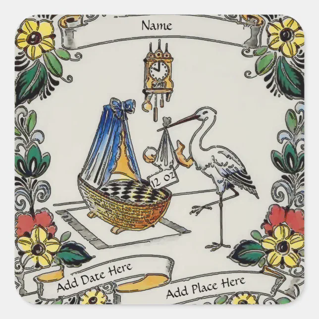 Birth Tile, Dutch Look, Personalize Square Sticker | Zazzle