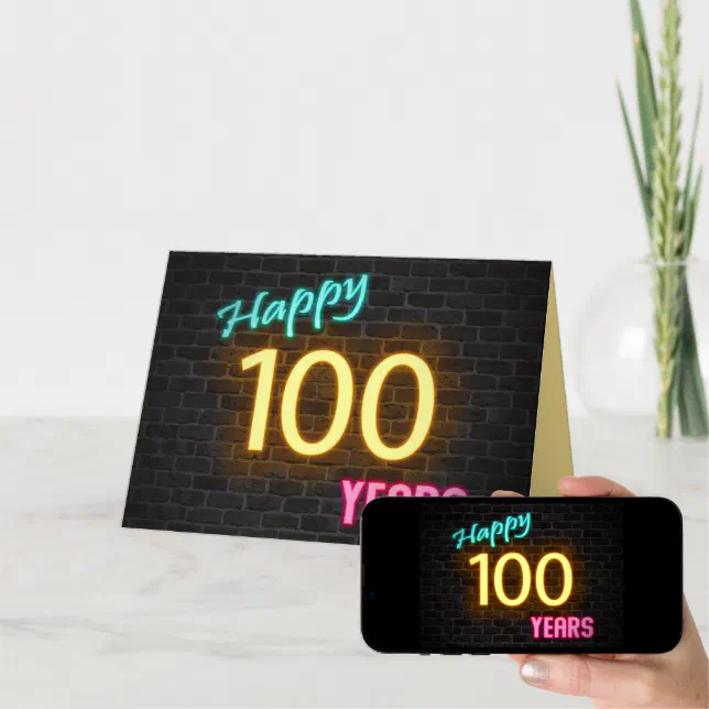 Birthday 100 neon sign on brick card | Zazzle