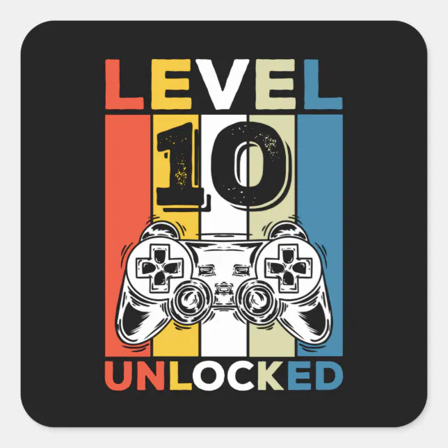Birthday 10th Level Unlocked 10 Gaming Vintage Square Sticker | Zazzle