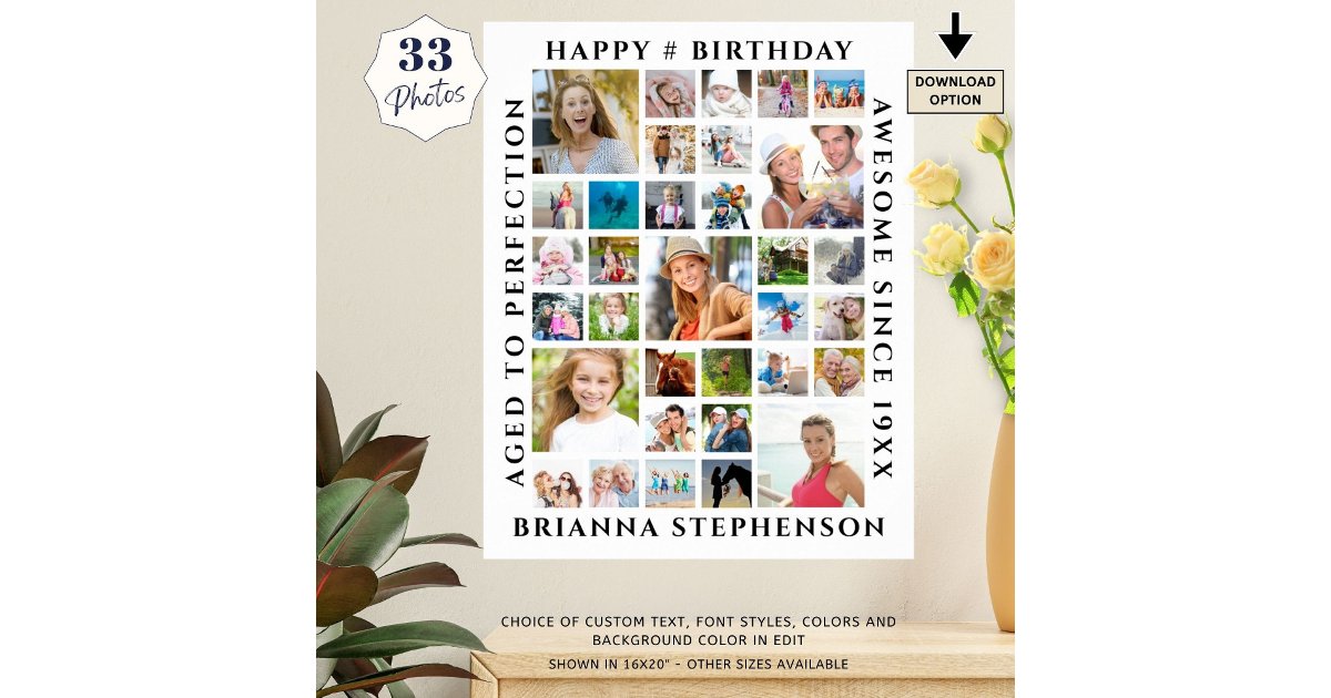 Birthday 33 Photo Collage Custom Personalized Poster | Zazzle