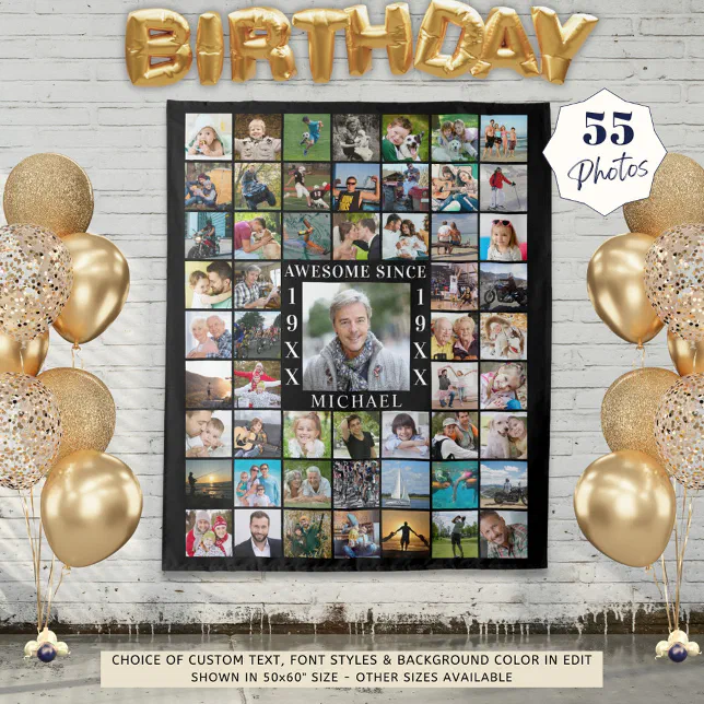 Birthday 55 Photo Collage Backdrop AWESOME SINCE | Zazzle