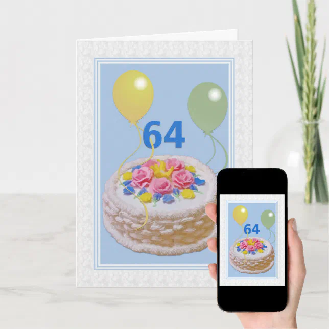 Birthday, 64th, Cake and Balloons Card | Zazzle