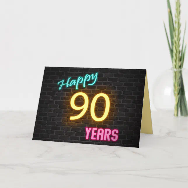 Birthday 90 neon sign on brick card | Zazzle