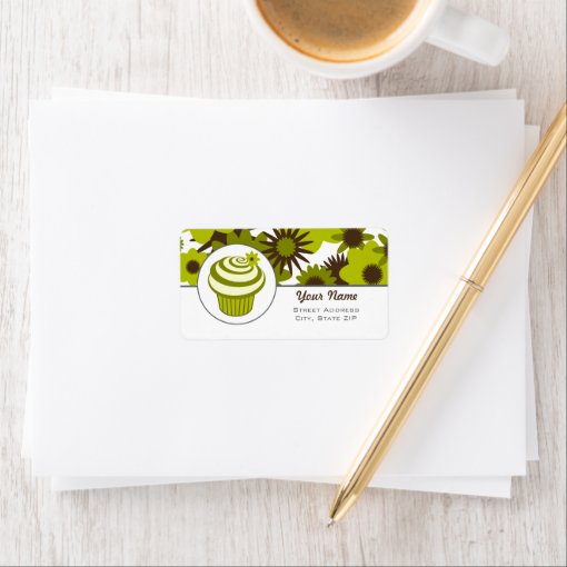 Birthday Address Label - Green Cupcake And Flowers | Zazzle