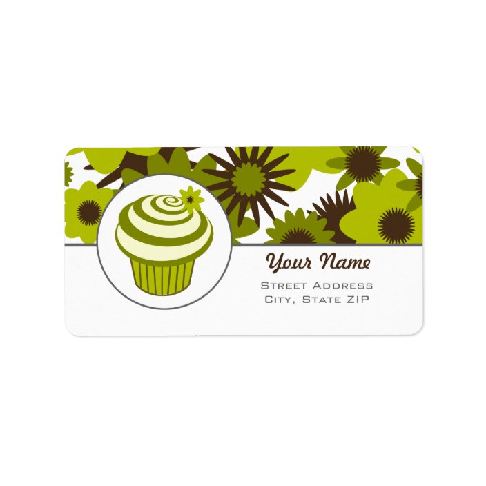 Birthday Address Label - Green Cupcake And Flowers | Zazzle