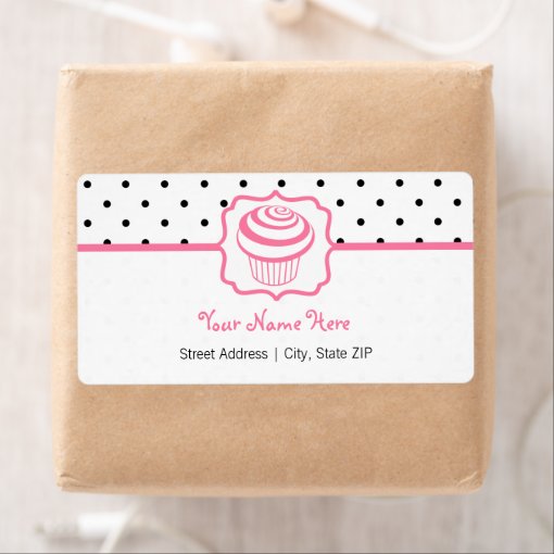 Birthday Address Label - Polka Dot / Pink Cupcake | Zazzle