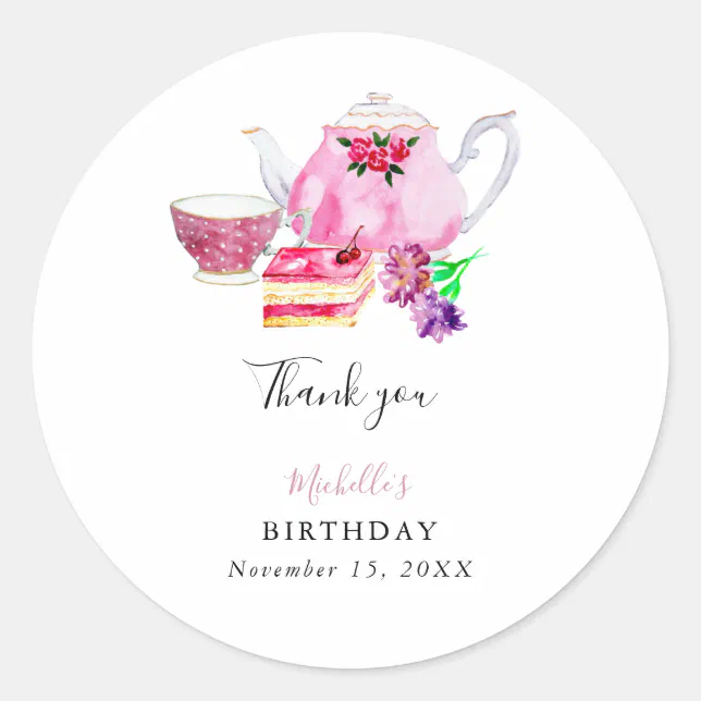 Birthday Afternoon Tea Party Script Elegant Pink Classic Round Sticker ...