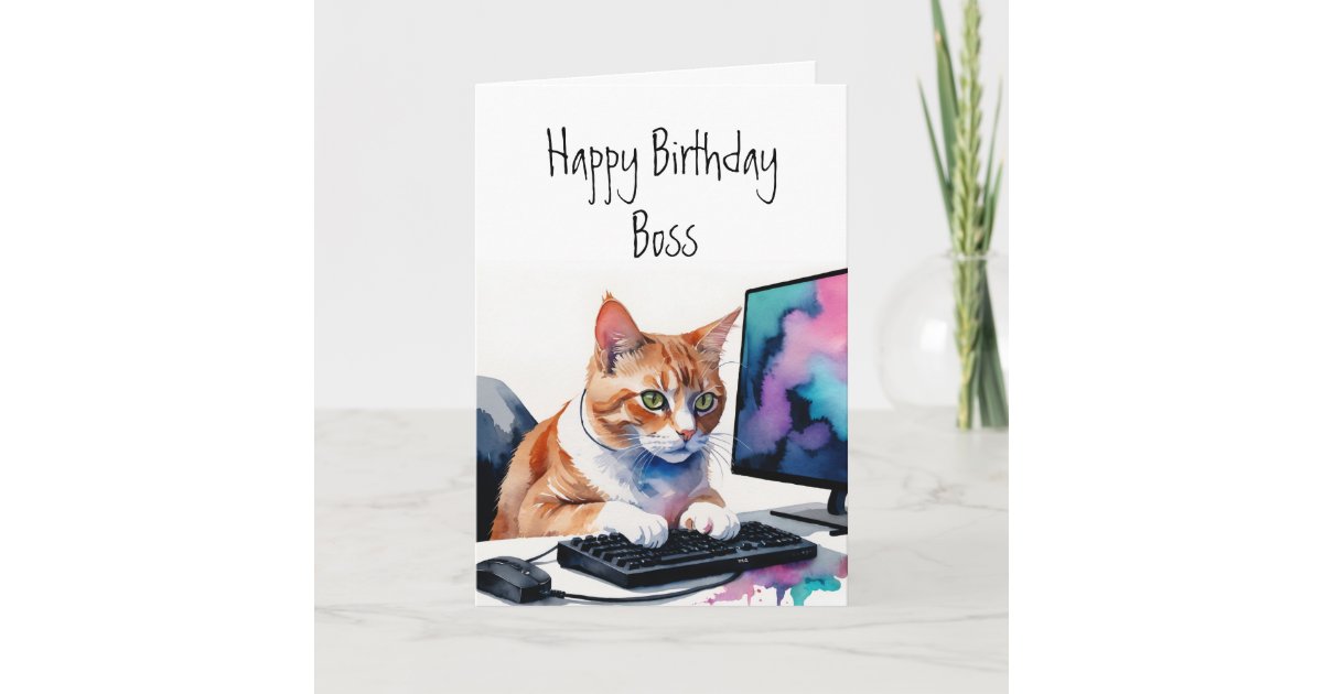 Birthday all of us group, Cat Boss Computer Cake Card | Zazzle