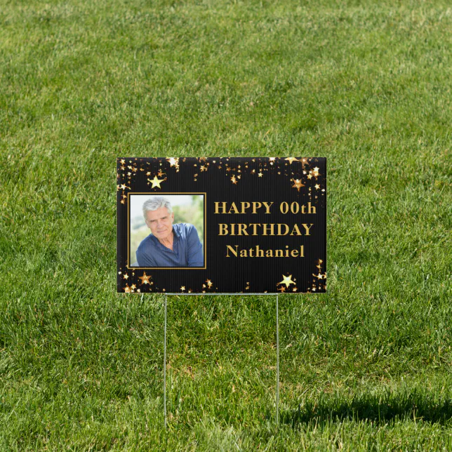 Birthday Any Age Photo Black and Gold Stars Sign | Zazzle