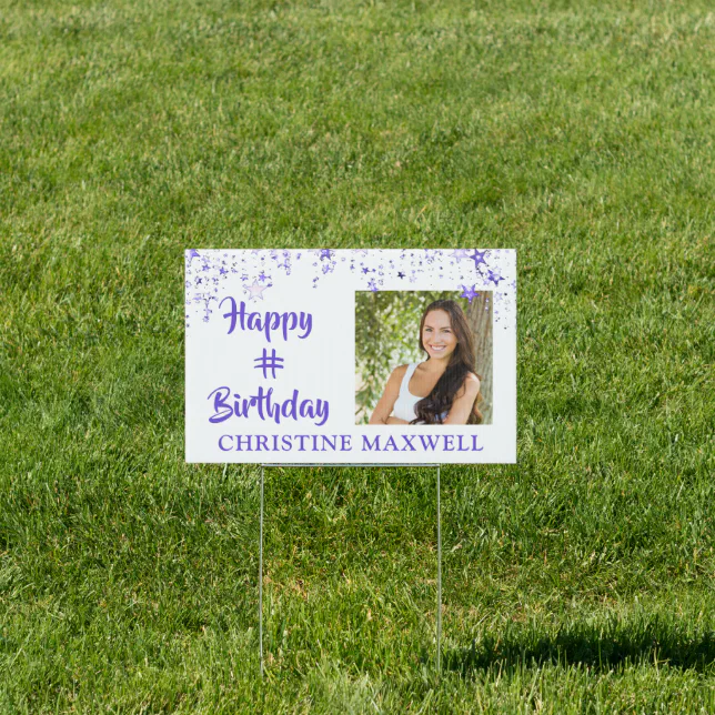 Birthday Any Age Purple Stars Photo Personalized Sign | Zazzle