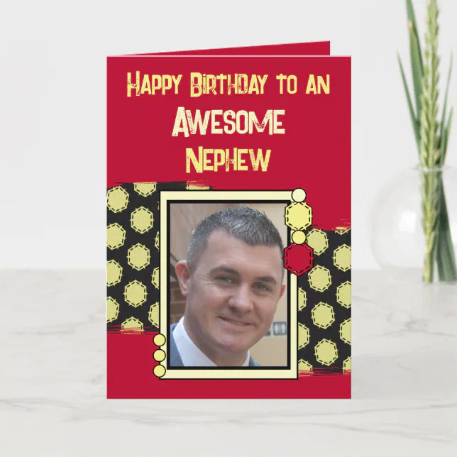 Birthday awesome nephew photo red black card | Zazzle