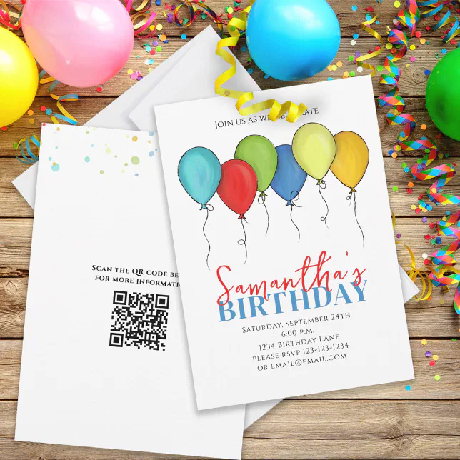 Birthday Balloons Confetti Modern Party QR Code Invitation | Zazzle