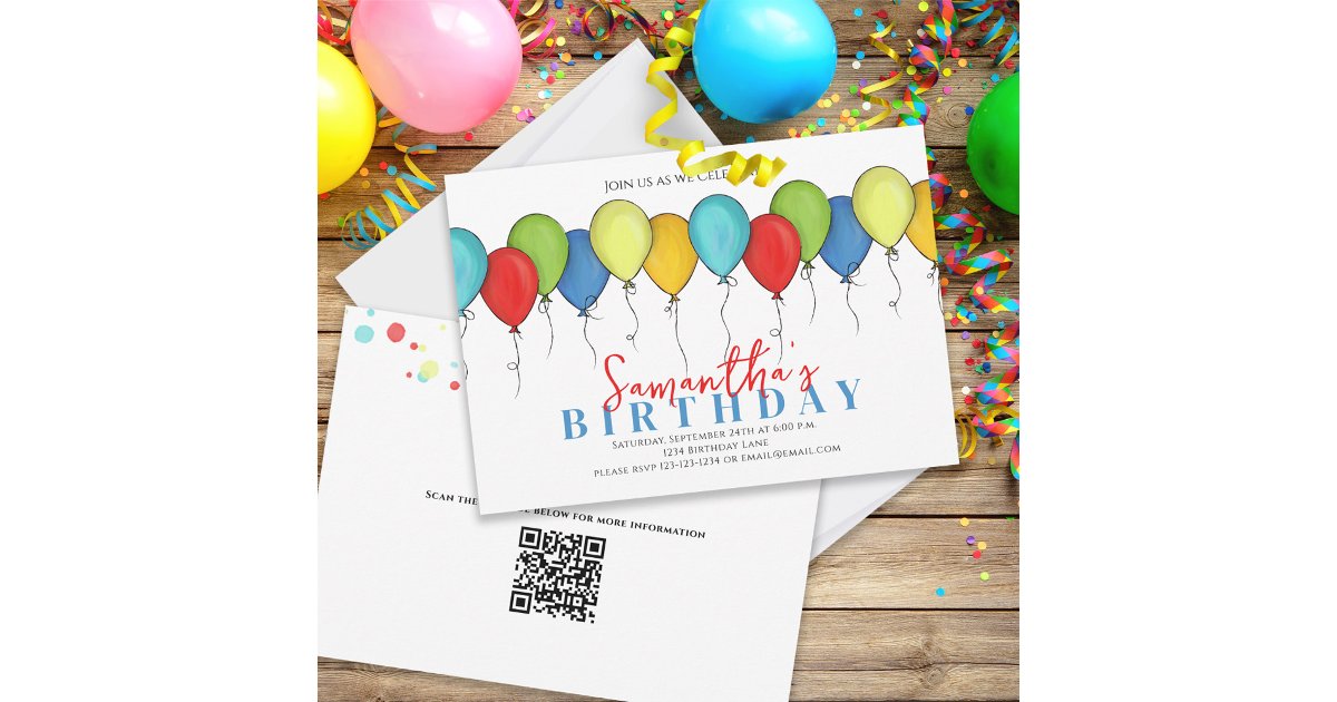 Birthday Balloons Confetti Modern Party QR Code Invitation | Zazzle