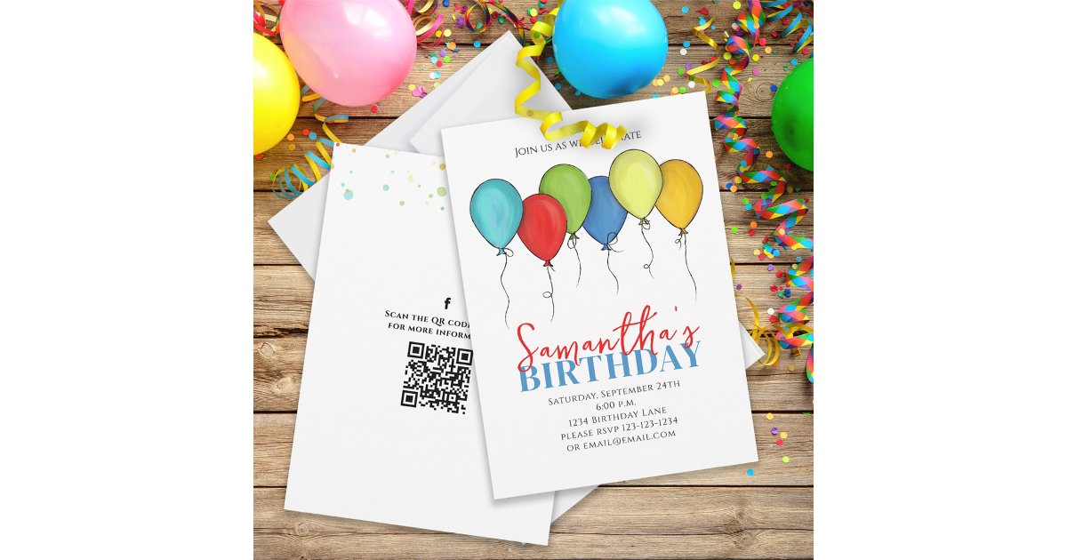 Birthday Balloons Confetti QR Code Social Media Invitation | Zazzle