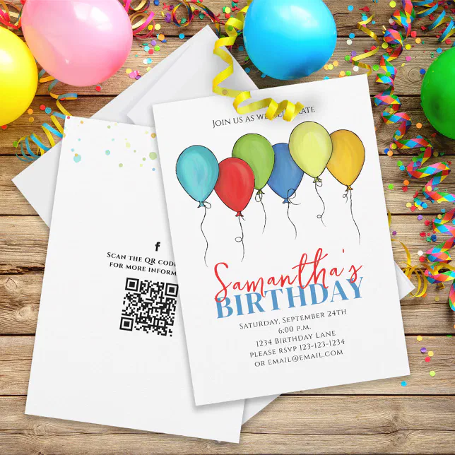Birthday Balloons Confetti QR Code Social Media Invitation | Zazzle