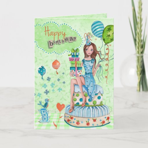 Birthday Balloons Girl Cake | Birthday Card | Zazzle