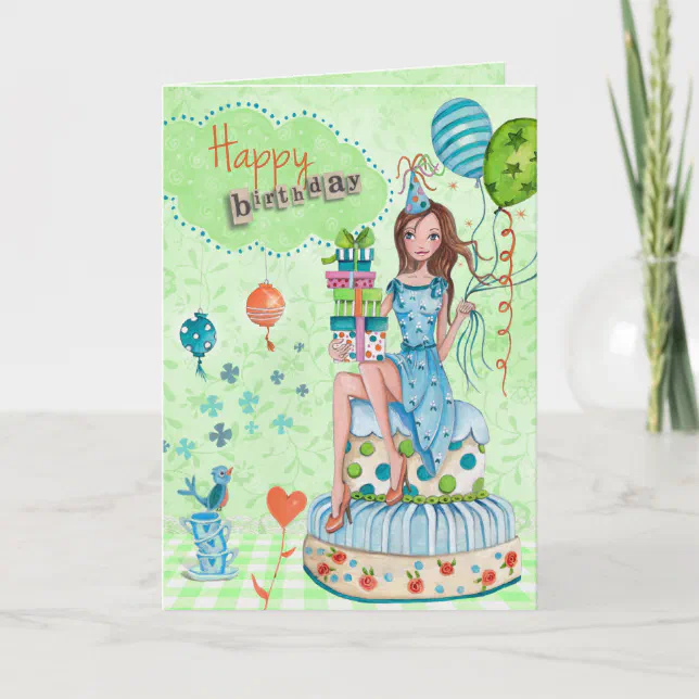 Birthday Balloons Girl Cake | Birthday Card | Zazzle