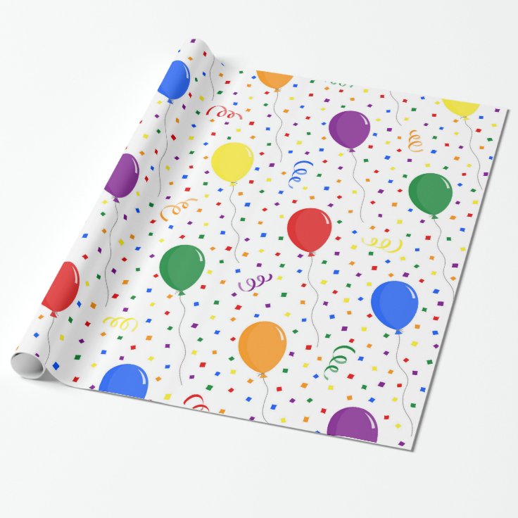 Birthday balloons rainbow confetti wrapping paper | Zazzle