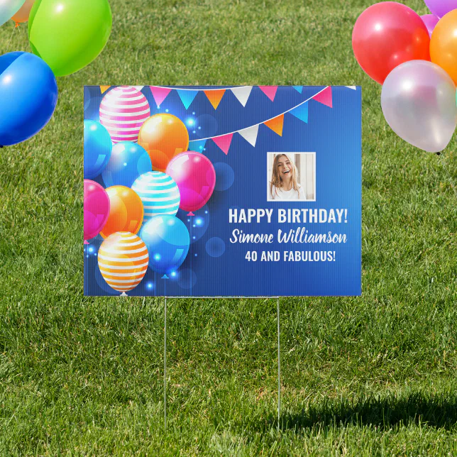 Birthday Balloons Streamers Custom Photo Text Yard Sign | Zazzle