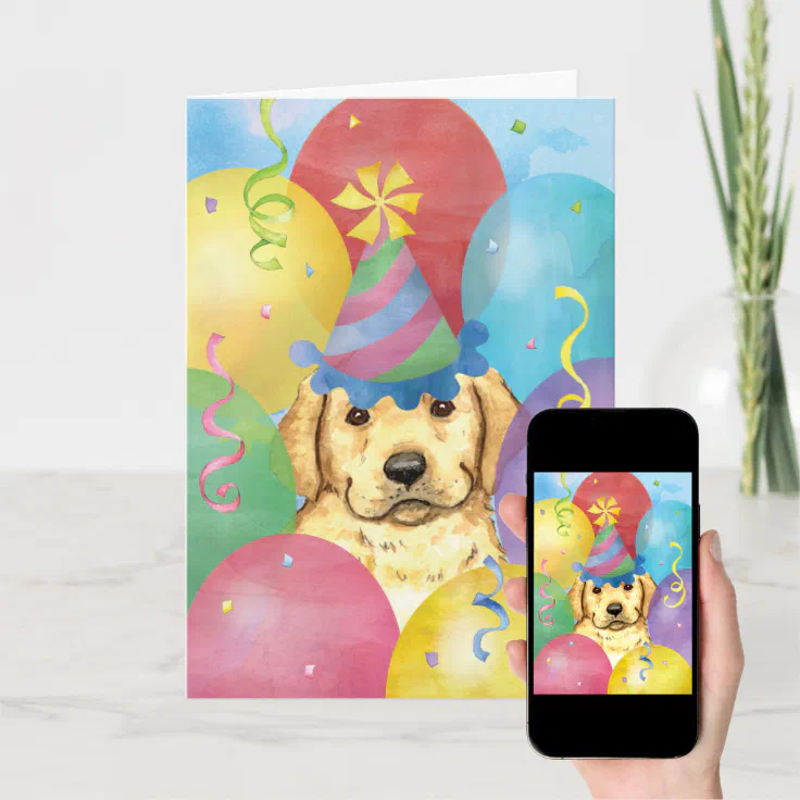 Birthday Balloons Yellow Lab Card | Zazzle