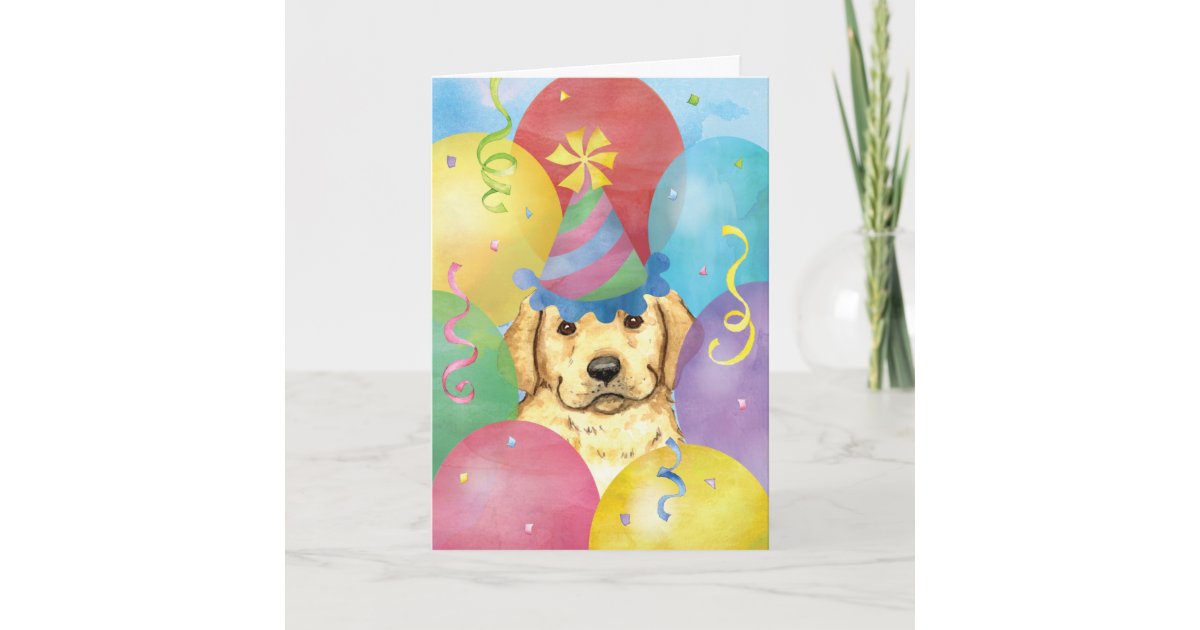 Birthday Balloons Yellow Lab Card | Zazzle