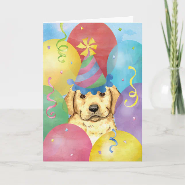 Birthday Balloons Yellow Lab Card | Zazzle