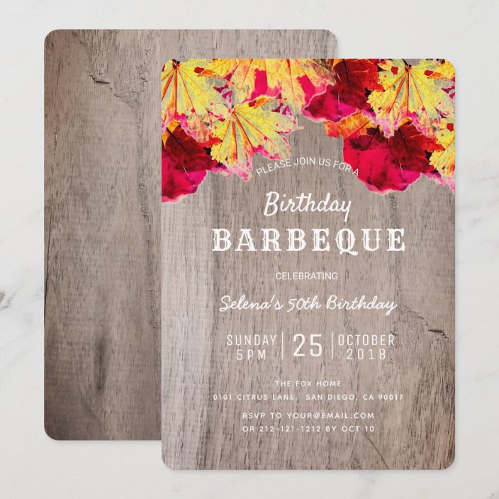 Birthday BBQ Party Fall Leaves Wood Invitation | Zazzle.com
