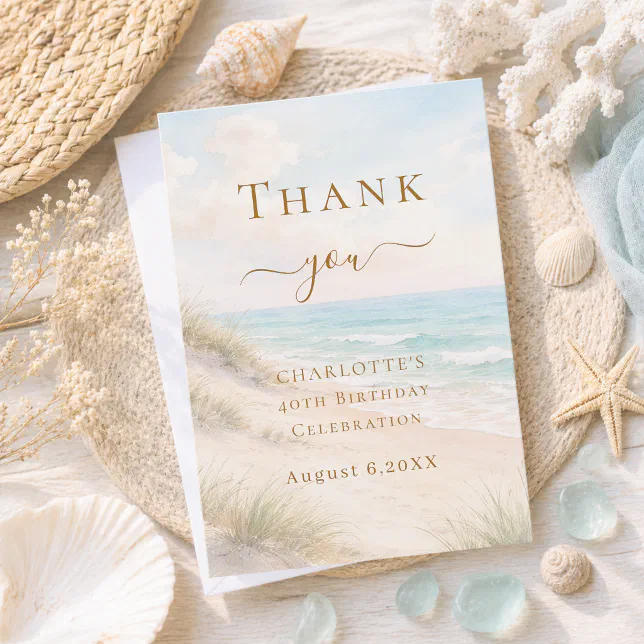 Birthday beach coastal summer thank you card | Zazzle