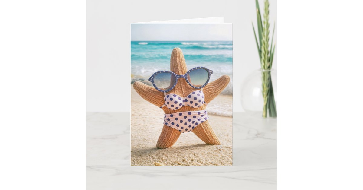 Birthday Beach Starfish Wearing a Bikini Card | Zazzle