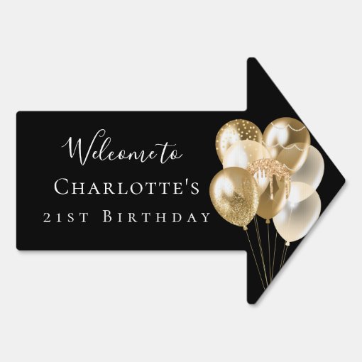 Birthday black gold balloons name arrow sign | Zazzle