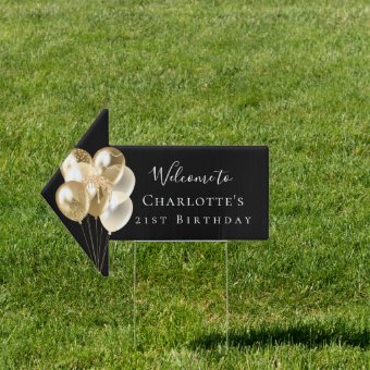 Birthday black gold balloons name arrow sign | Zazzle