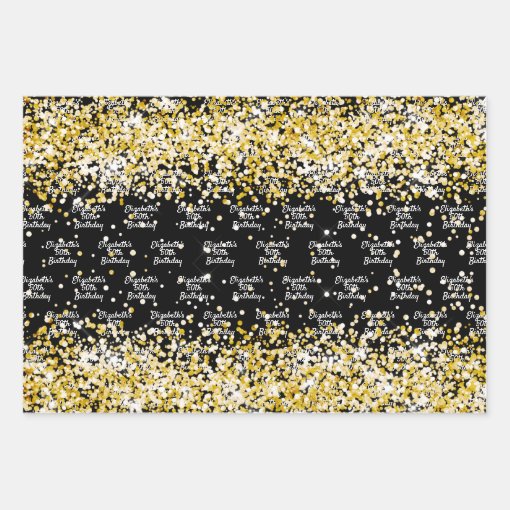 Birthday black gold confetti name wrapping paper sheets | Zazzle