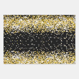 Birthday black gold confetti name wrapping paper sheets | Zazzle