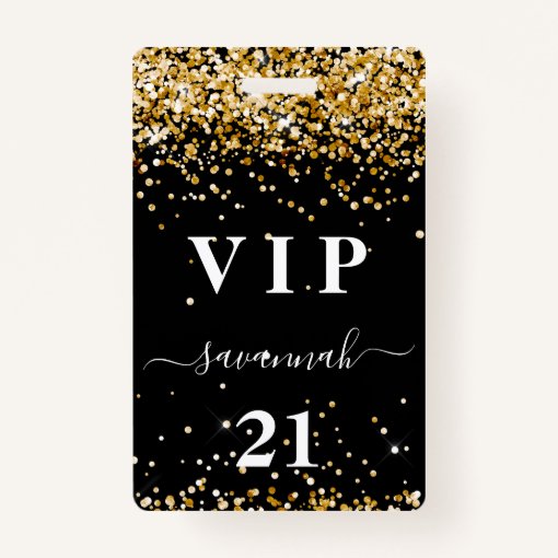 Birthday black gold glitter dust name vip badge | Zazzle