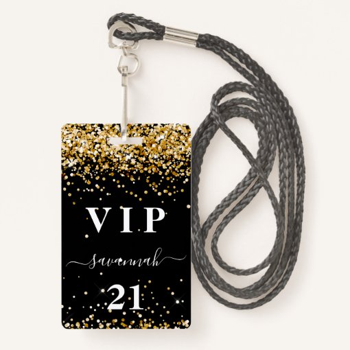 Birthday black gold glitter dust name vip badge | Zazzle
