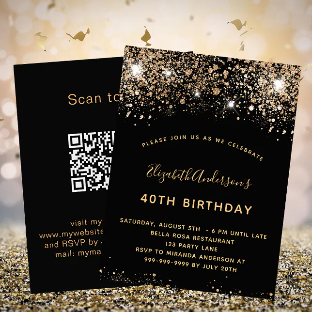 Birthday black gold glitter QR code RSVP Invitation | Zazzle