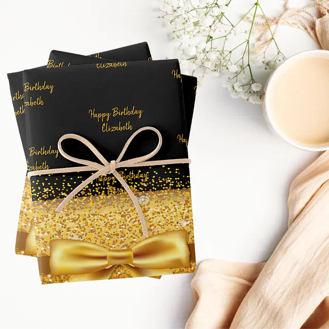 Birthday black gold glitter sparkle monogram name wrapping paper sheets ...
