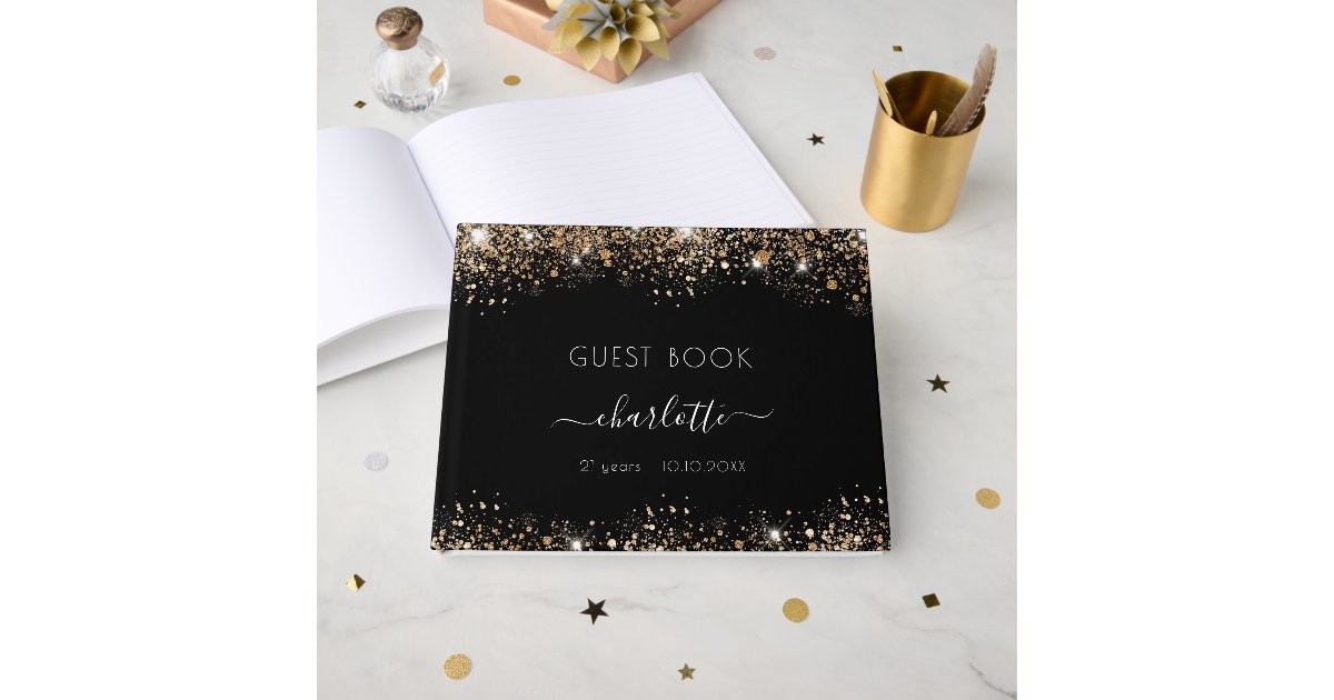 Birthday black gold glitter sparkles name guest book | Zazzle