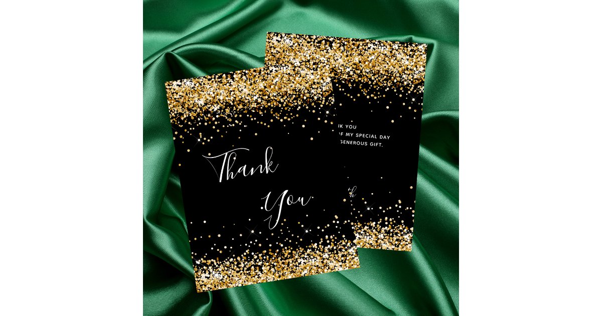 Birthday black gold glitter thank you card | Zazzle