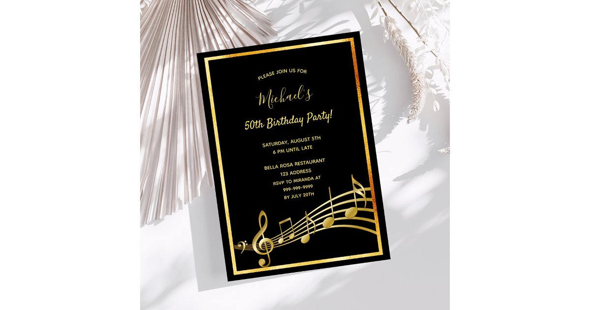 Birthday black gold music notes invitation | Zazzle