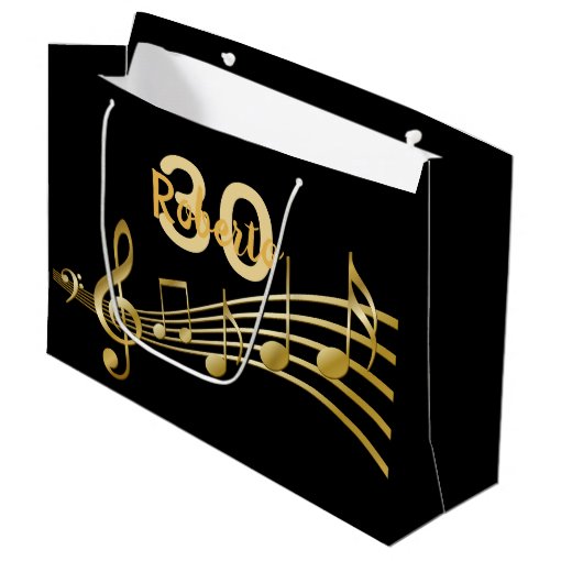 Birthday black gold music notes monogram large gift bag | Zazzle