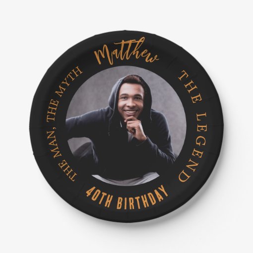 Birthday black gold photo man myth legend paper plates | Zazzle