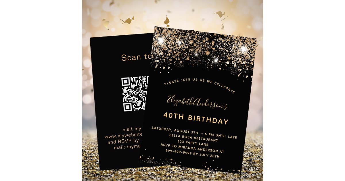 Birthday black gold QR code RSVP budget Invitation | Zazzle
