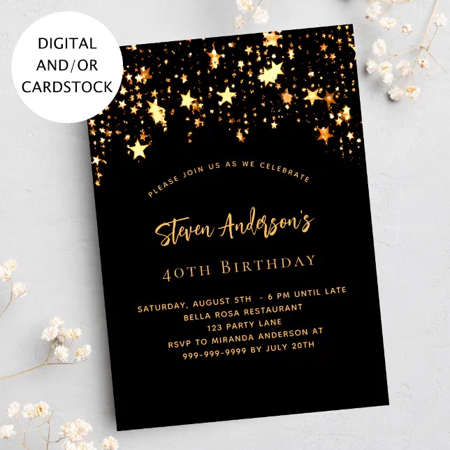 Birthday Black Gold Stars Elegant Party Invitation Zazzle