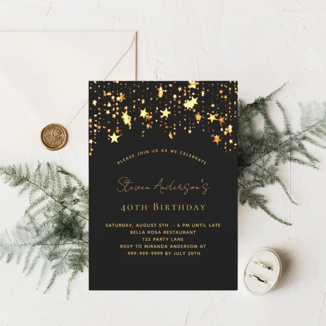 Birthday Black Gold Stars Elegant Party Invitation Zazzle
