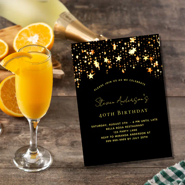 Birthday Black Gold Stars Elegant Party Invitation Zazzle