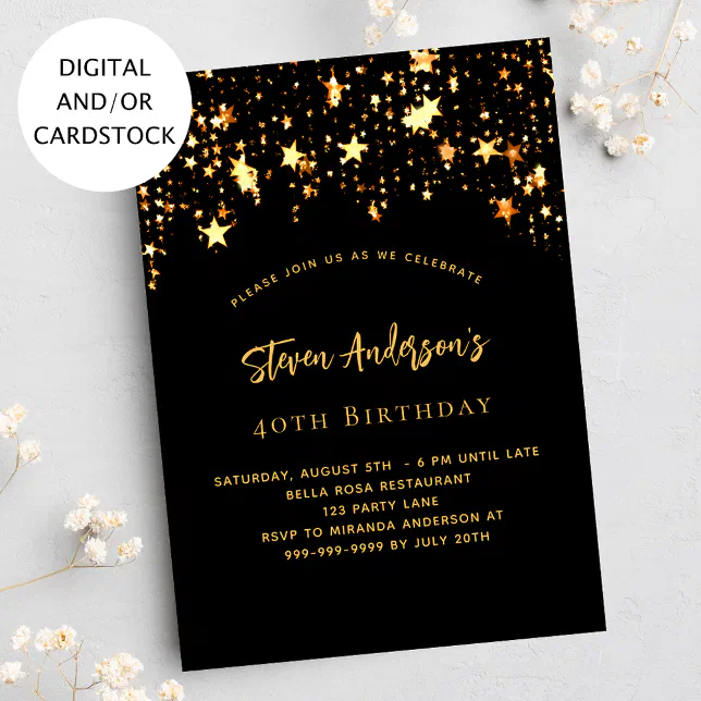 Birthday black gold stars elegant party invitation | Zazzle