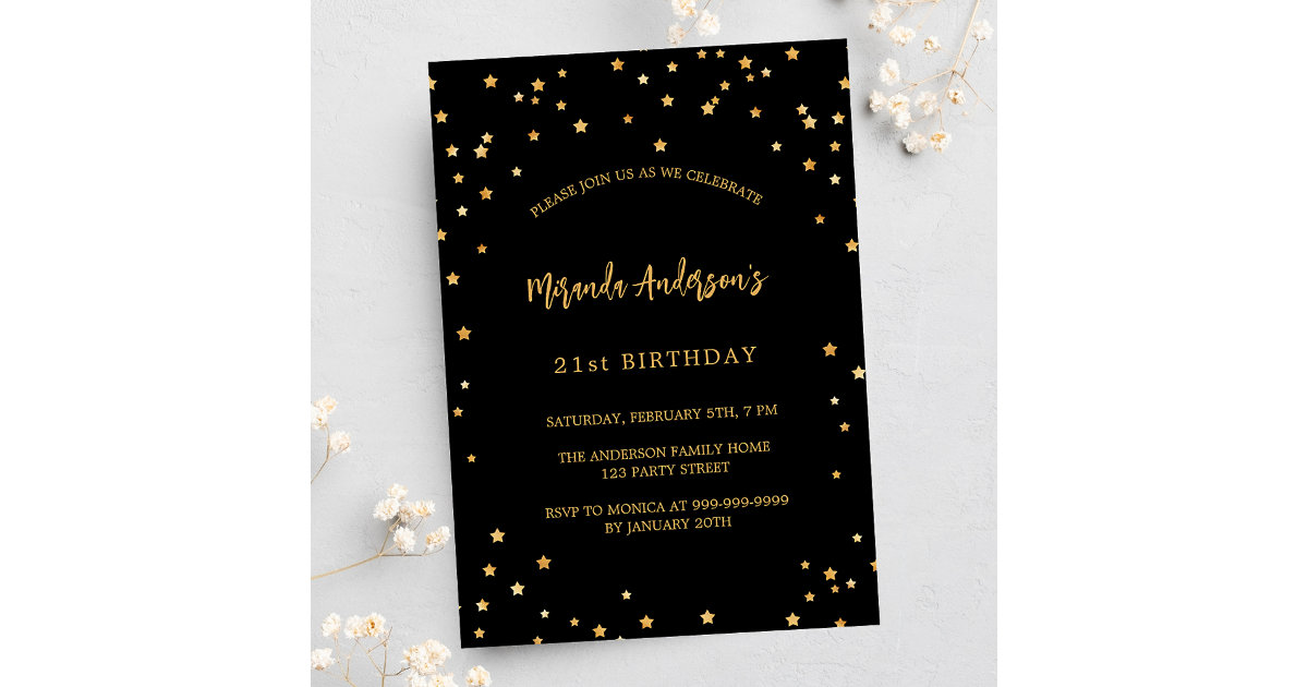 Birthday black gold stars party invitation | Zazzle